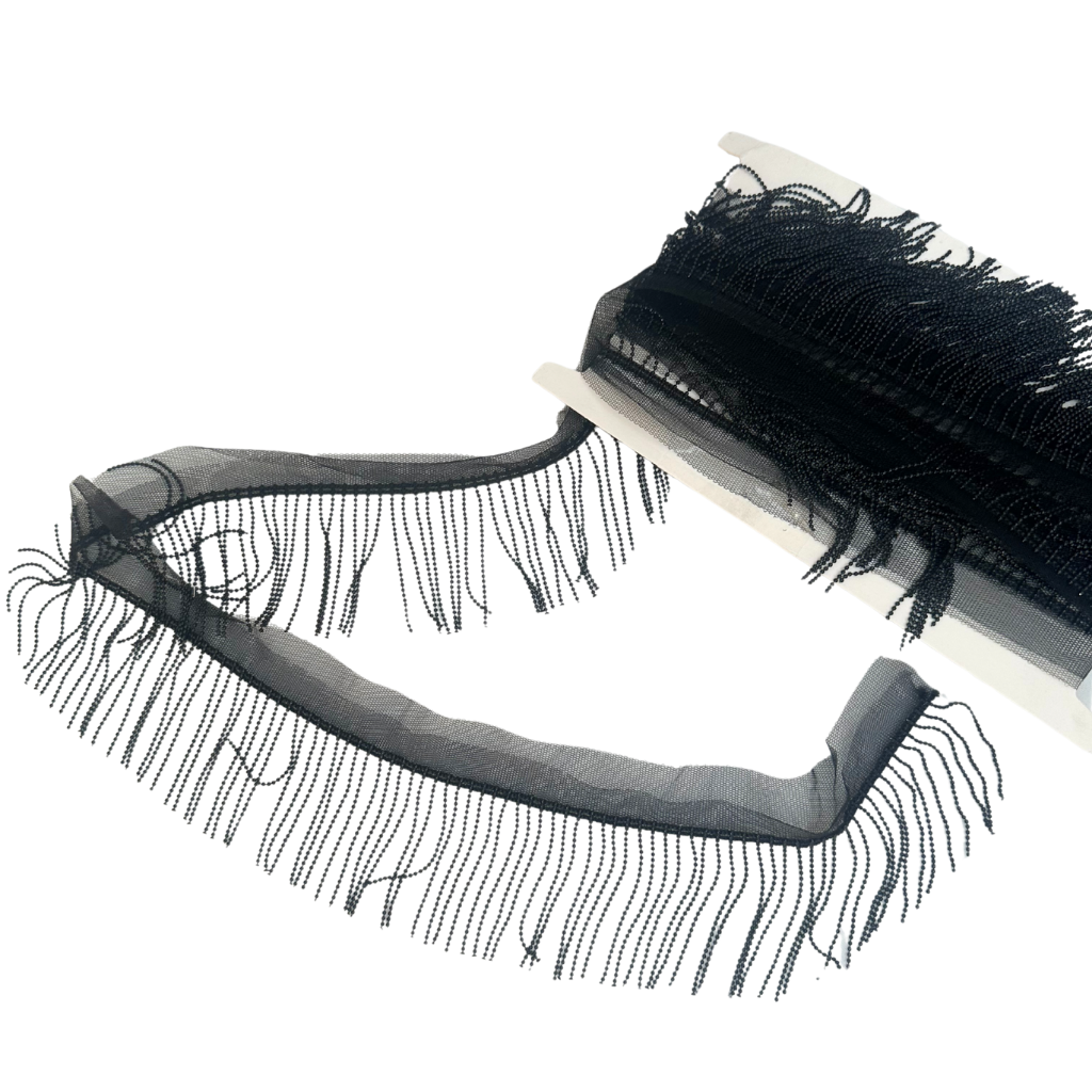 Pasmanterie - Franjuri Margele pe Tulle - Negru - 6cm - Fashion MIR